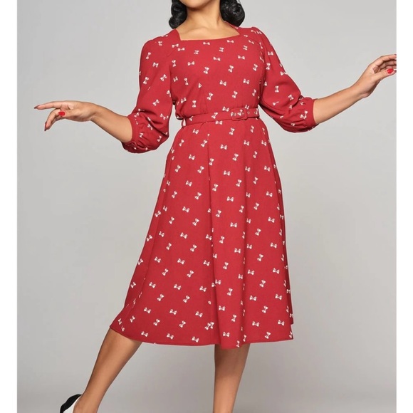 Collectif | Dresses | Collectif Red Aline Dress With Bishop Sleeves ...